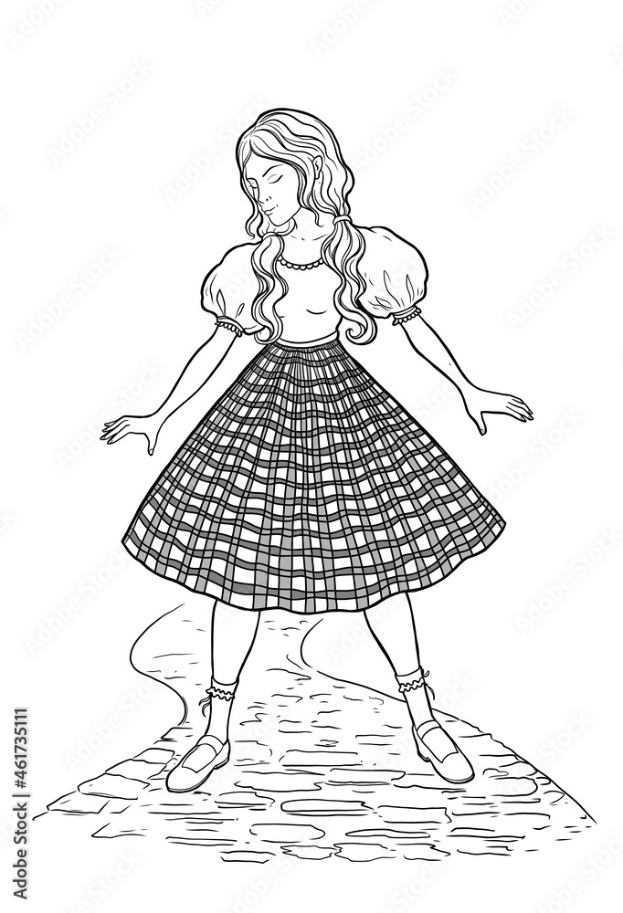 Dorothy standing on brick path. The wizard of Oz. Fairytale character ...