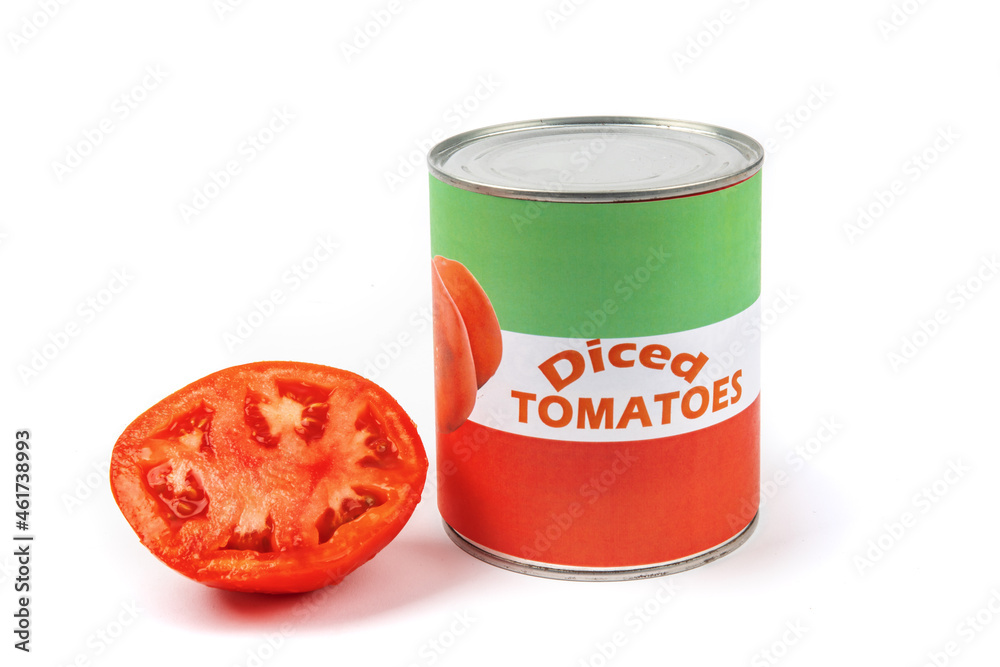 A fake generic labelled food can of diced tomatoes with sliced raw ...