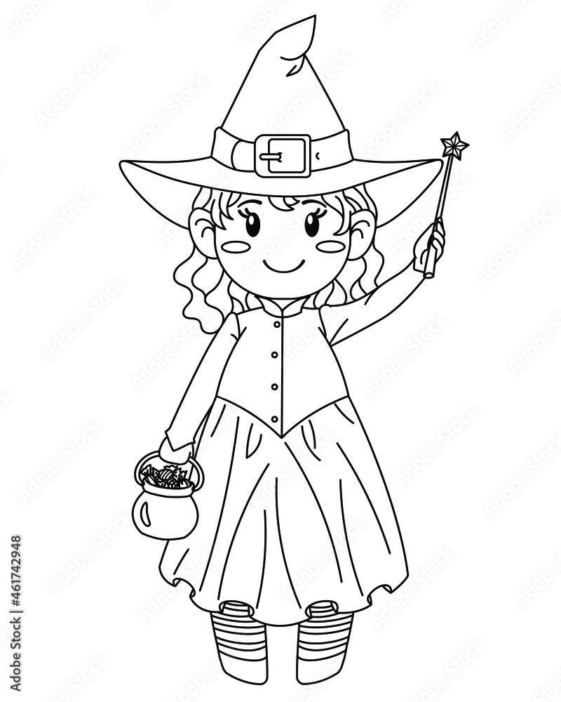 Cute little girl witch with magic wand. Halloween character. Vector ...