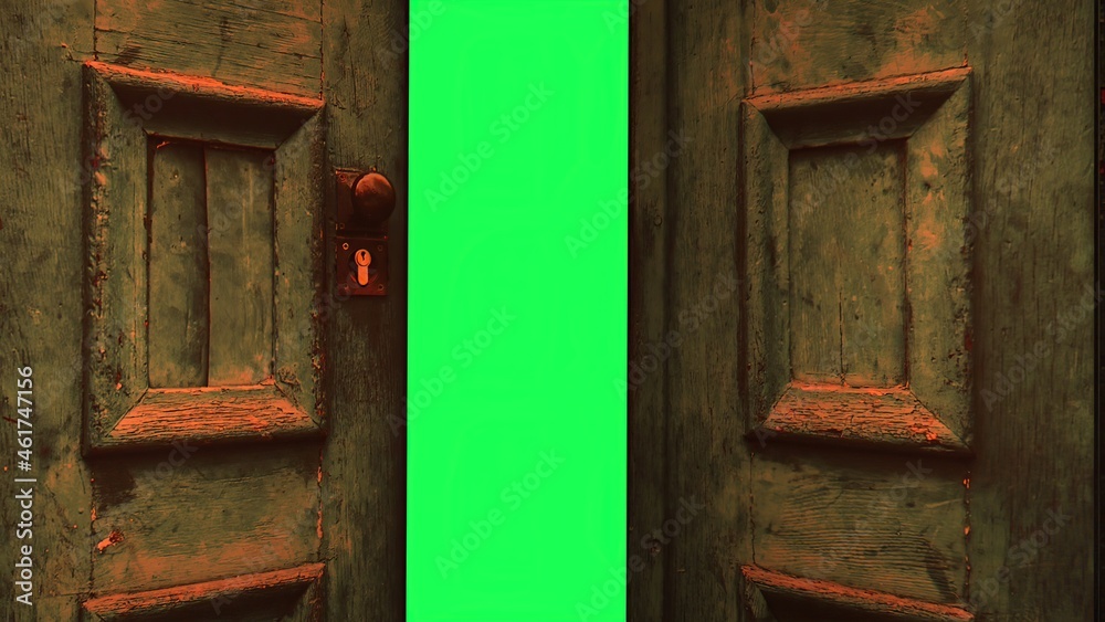 3d illustration - wooden door opening to green screen Stock ...