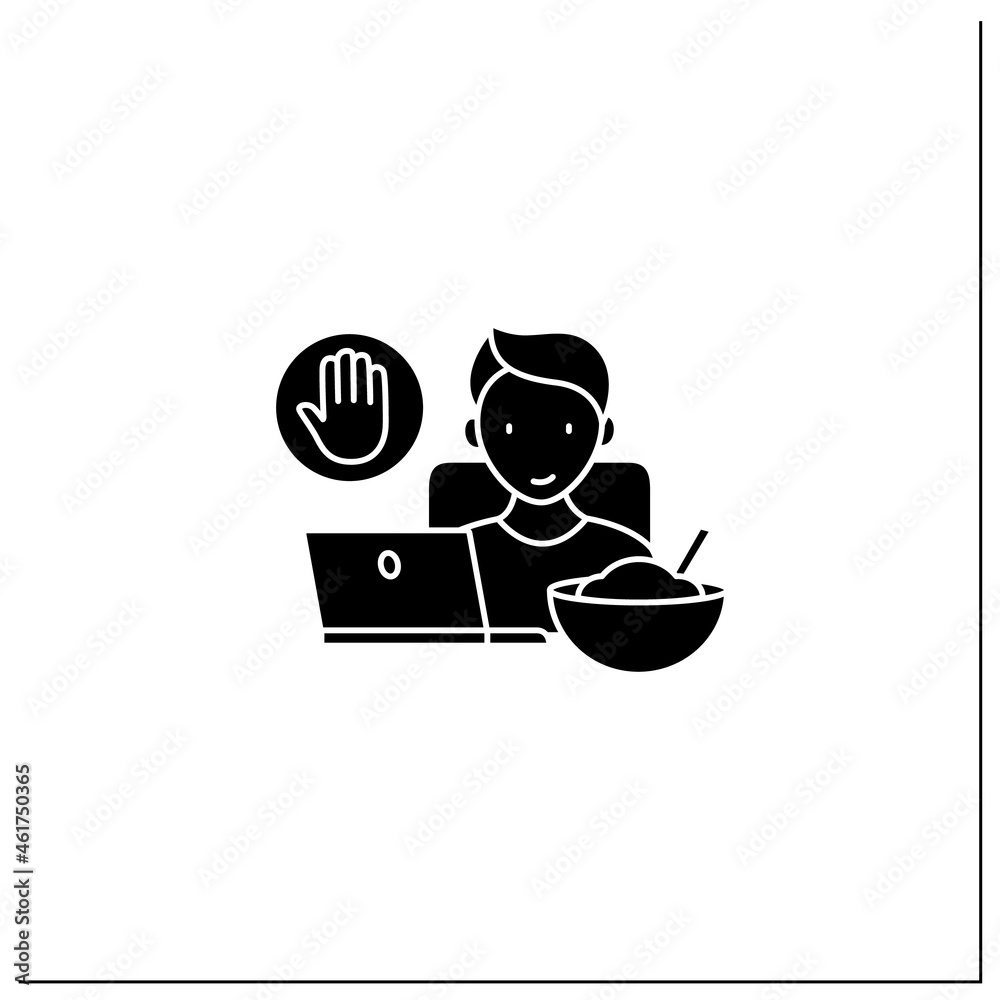 Mindful eating glyph icon. Eating at desk in front of computer screen ...