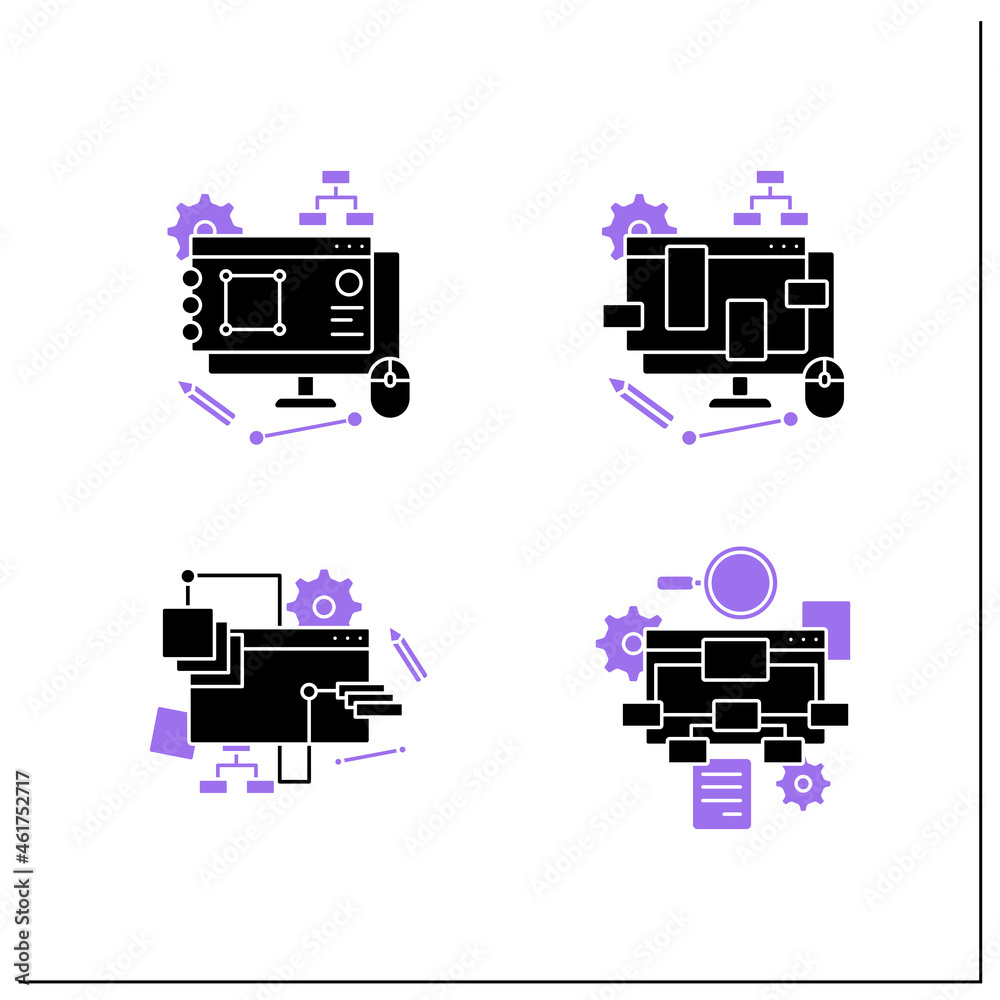 Designer skills glyph icons set. Generate ideas.UX design, information ...