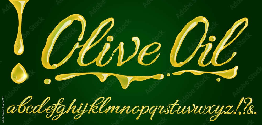 Vector olive oil font on a green background. Latin alphabet. The ...
