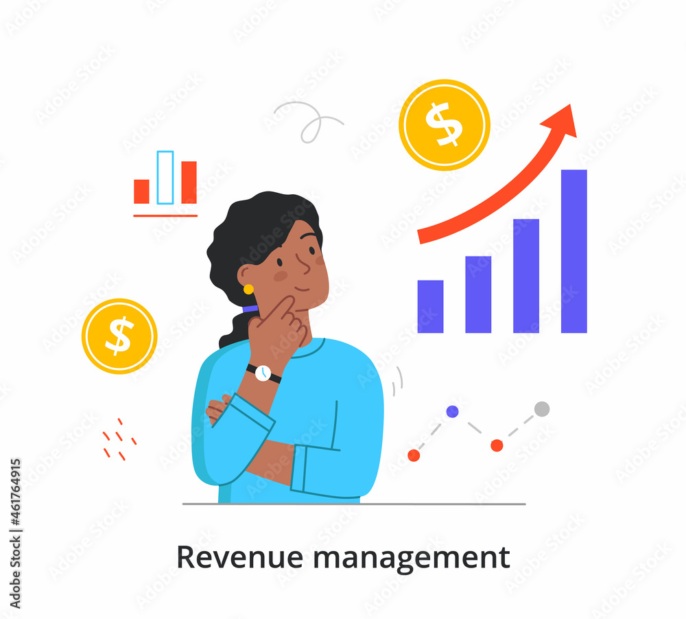 Revenue management concept. Woman studies stock market statistics and ...