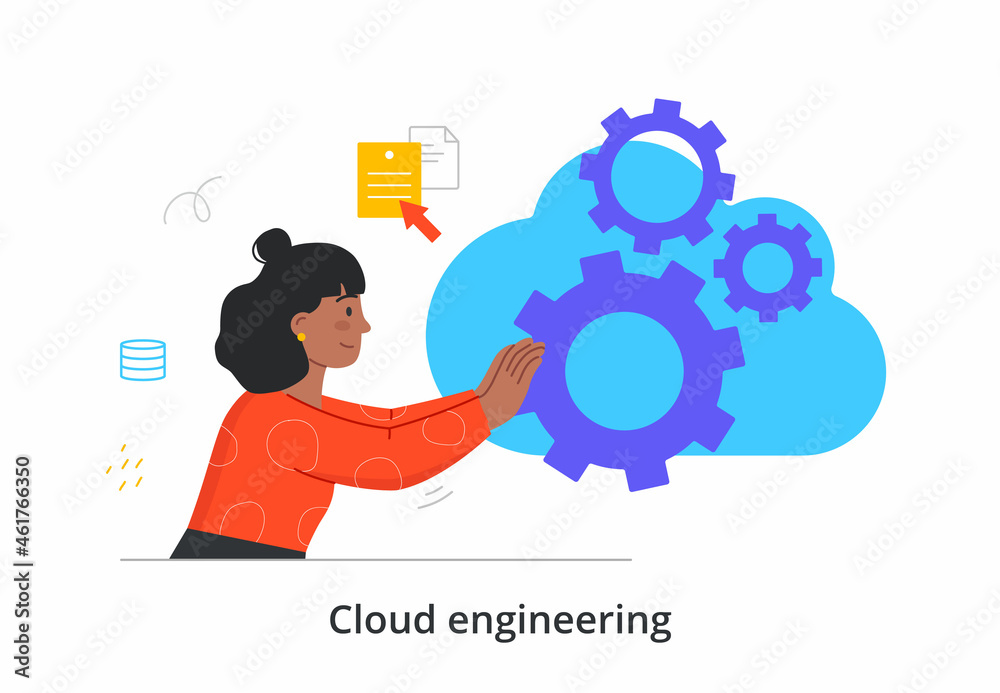 Cloud Engineering. Woman sets up digital server for storing and ...