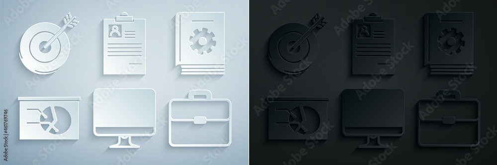 Set Computer Monitor Screen User Manual Board With Graph Chart Briefcase Clipboard Resume