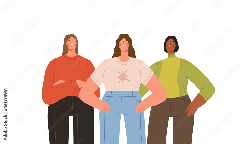 Group of three young strong women standing together. Female friendship ...