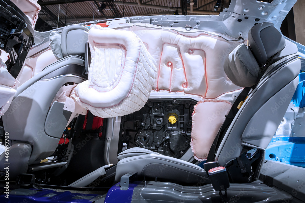 Airbags deployed in a modern Mercedes-Benz car in a safety ...