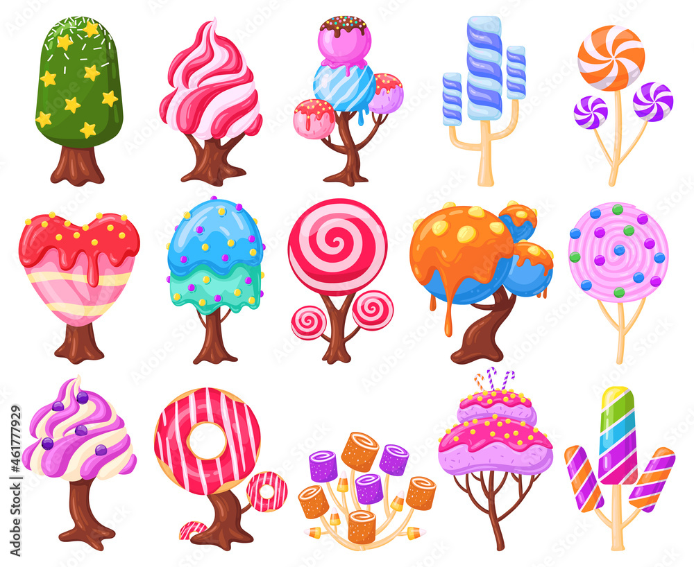 Cartoon fantasy sweet candy land caramel trees. Fantasy nature, game ...