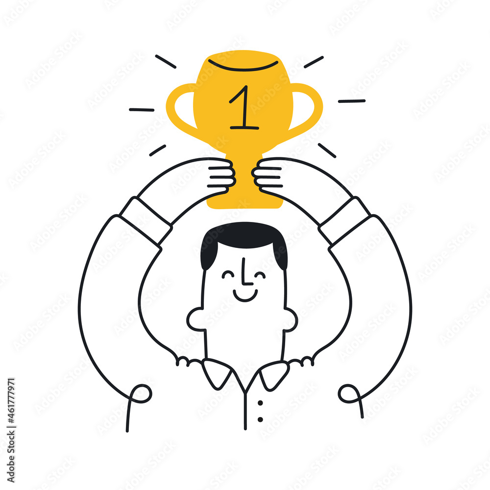 Happy man holding winning trophy. Victory, competition, championship ...