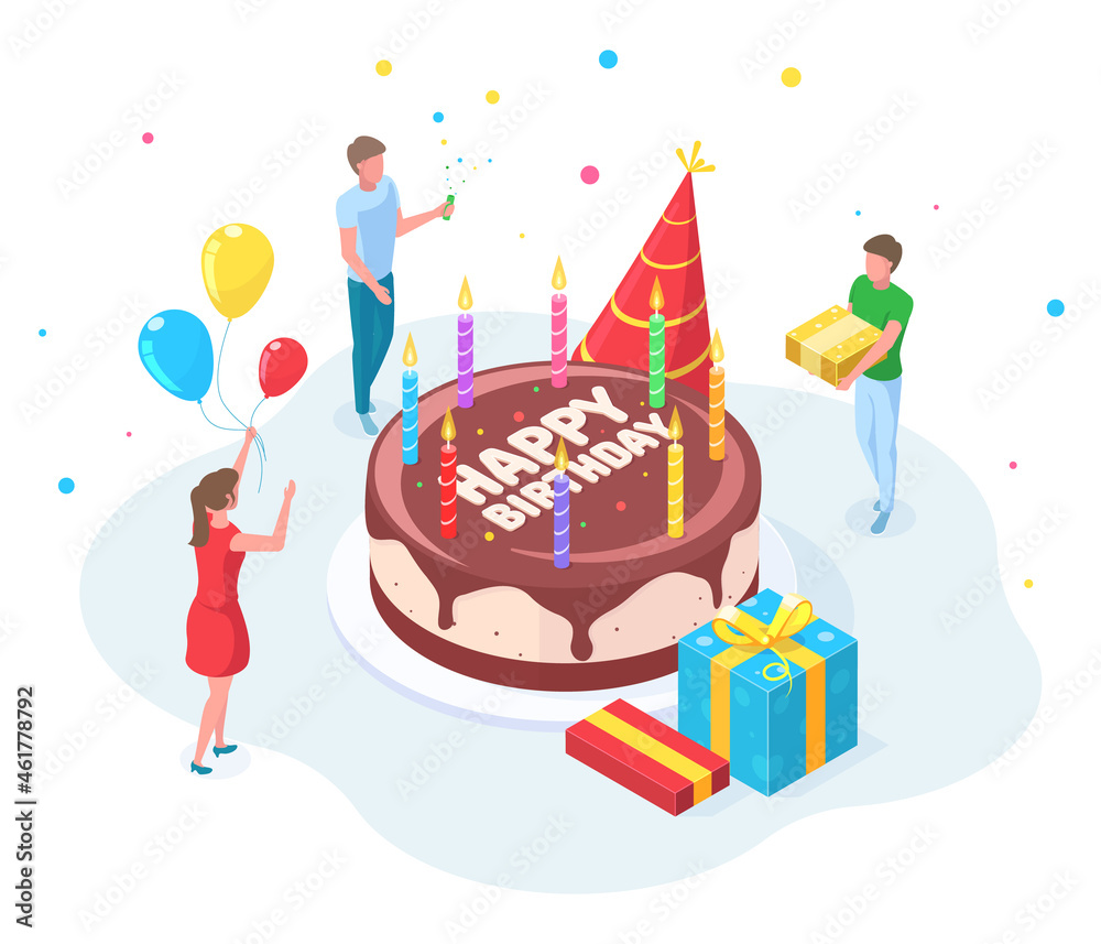 Isometric happy birthday party people celebration concept. Characters ...