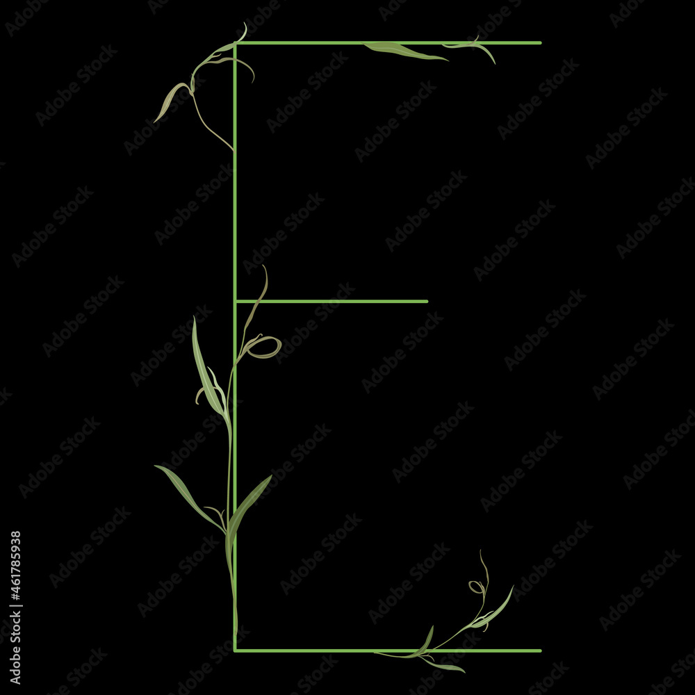 Beautiful letter E with green branches. Floral font. Artistic alphabet ...