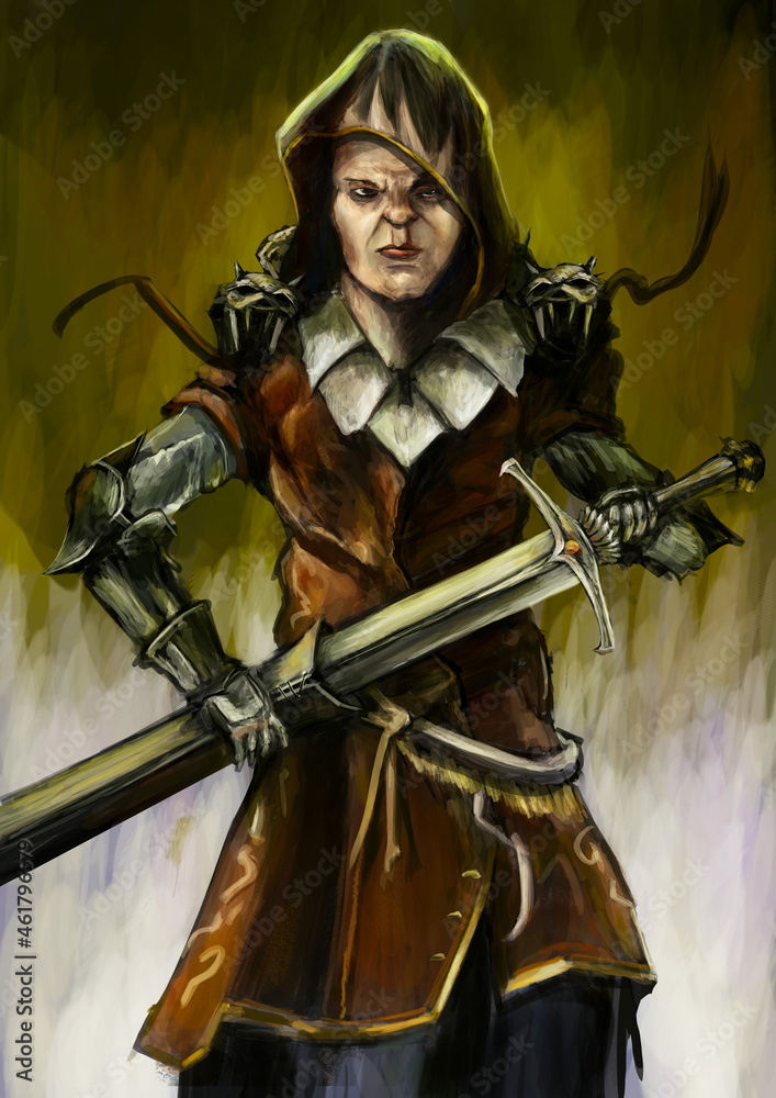 A young hooded warrior is holding a two-handed sword. He is wearing a ...