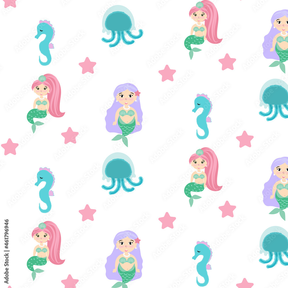 Little cute mermaid pattern on a white background. Mermaid cartoon ...
