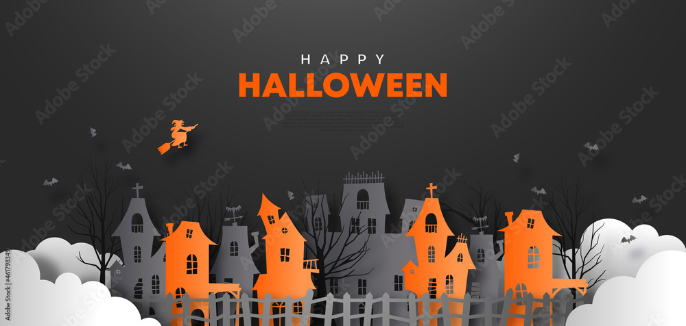 Happy Halloween paper cut illustration of creepy haunted house, bats ...