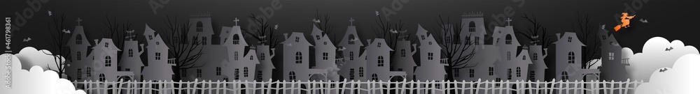 Vetor do Stock: Creepy paper cut haunted house village, scary abandoned ...