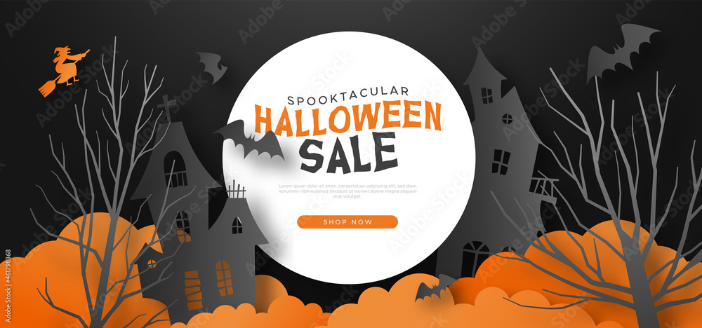 Halloween sale template paper cut illustration of creepy haunted house ...