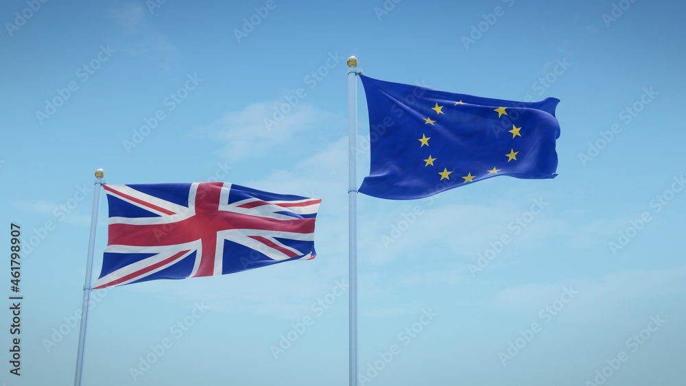 Flags of the UK and the EU against blue sky backdrop. 3d rendering ...