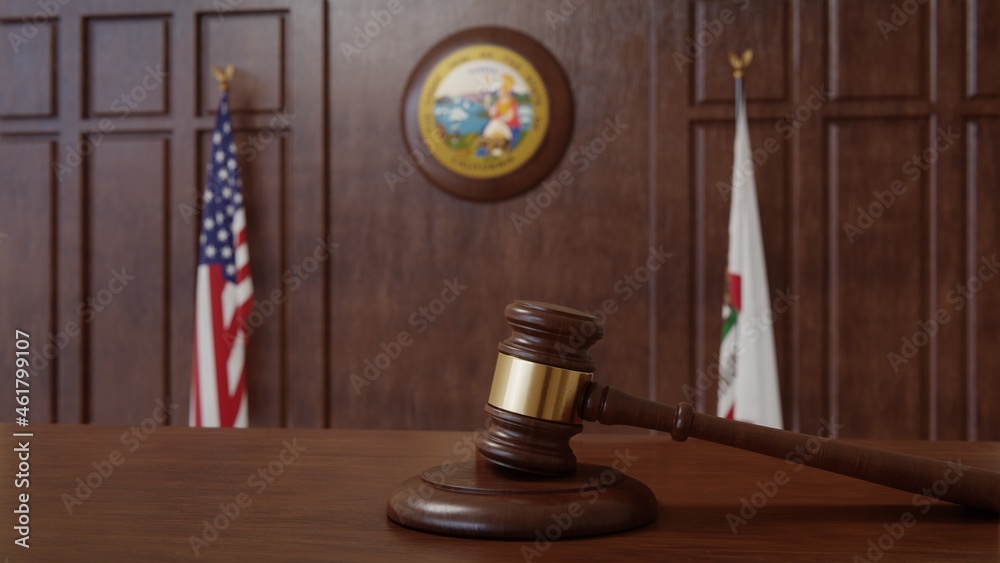 Courtroom scene with US flag and state seal and flag of the state of ...