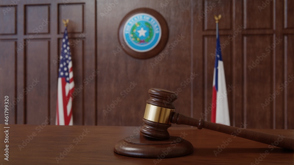 Courtroom scene with US flag and state seal and flag of the state of ...