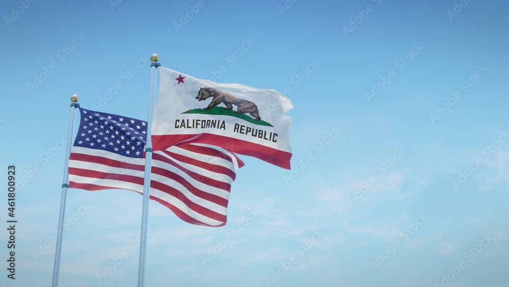 Waving flags of the USA and the US state of California against blue sky ...
