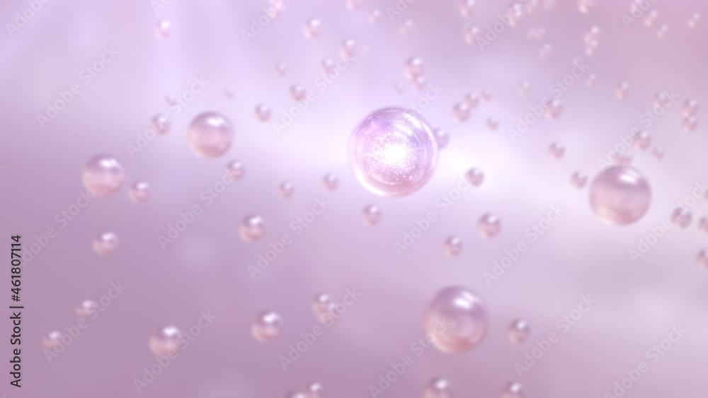 Macro shot of various Pink bubbles in water rising up on light blue ...
