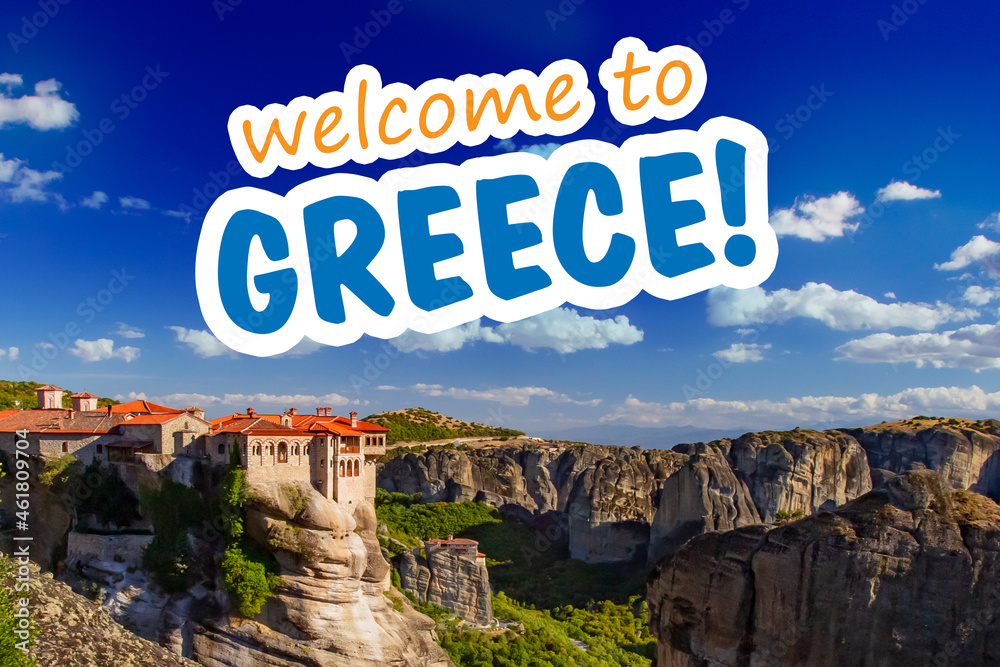 Greece panoramic with Welcome sign. Welcome to Greece travel. Panorama ...