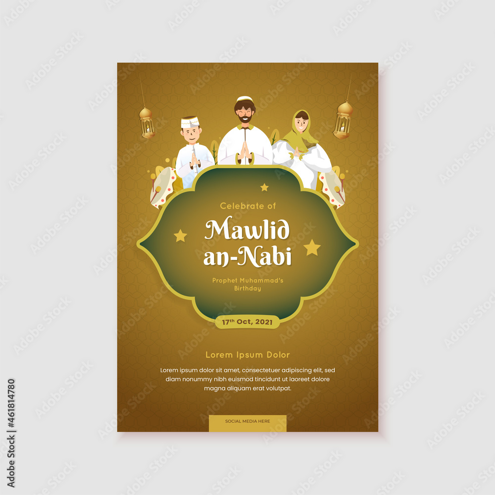 Islamic poster design of Mawlid Nabi with muslim family greeting Stock ...