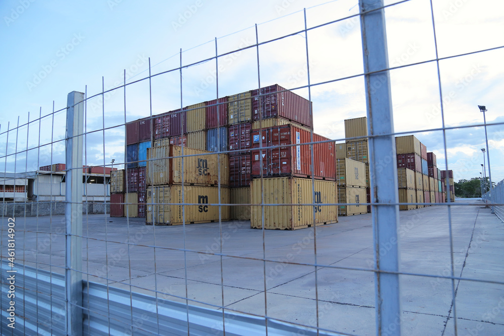 Bangkok, Thailand - May 29,2021: A shipping container behind security ...