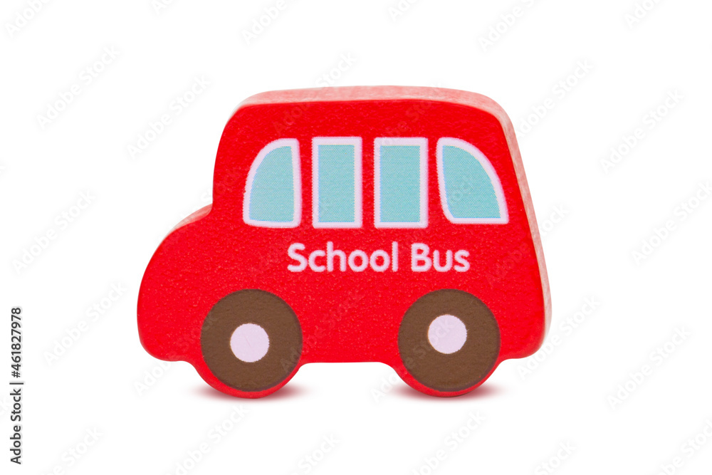 Wooden toy car, red school bus isolated on white background. Stock ...