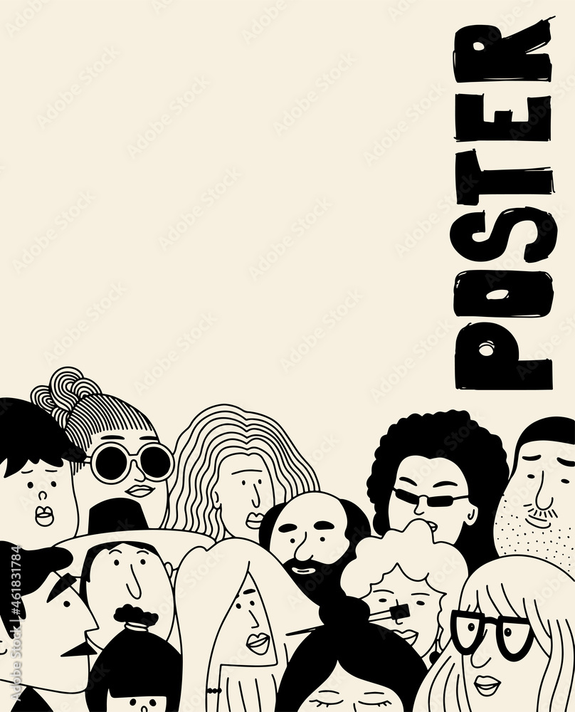 Doodle poster with faces. Crowd of people. Faces collection. People ...