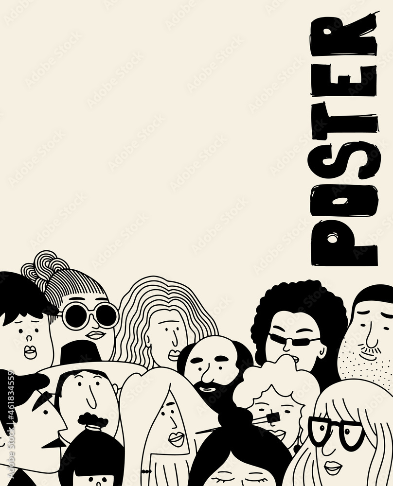 Cartoony poster with faces. Crowd of people. Faces collection. People ...