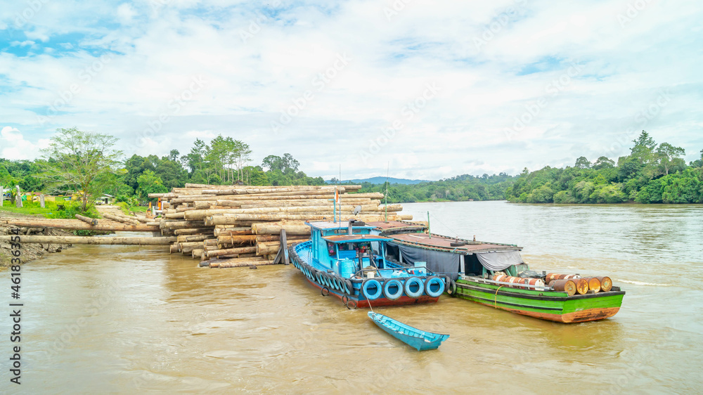 Timber loaded into big barge then drag by a tugboat cruising Mahakam ...
