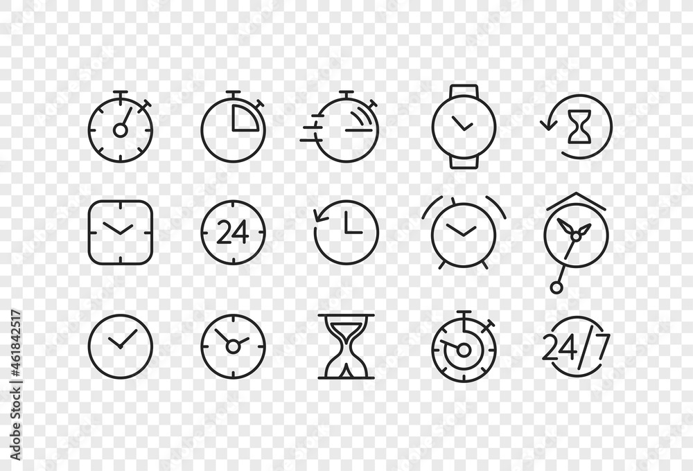 Thin line linear time pictograms set isolated on transparent background ...