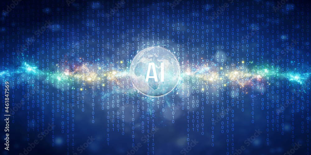 abstract data stream illustration with the message AI in front of an ...