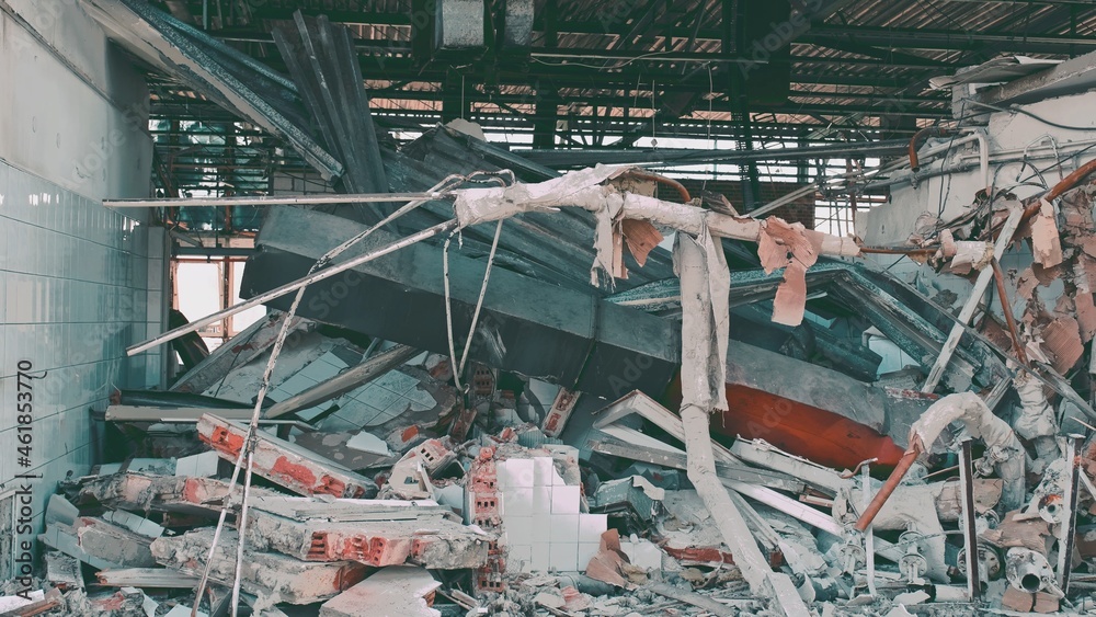Concrete Bricks and Metal Rubble Inside of Industrial Building Damaged ...