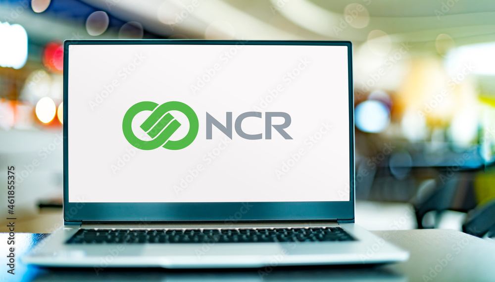 Laptop computer displaying logo of NCR Corporation Stock Photo | Adobe ...