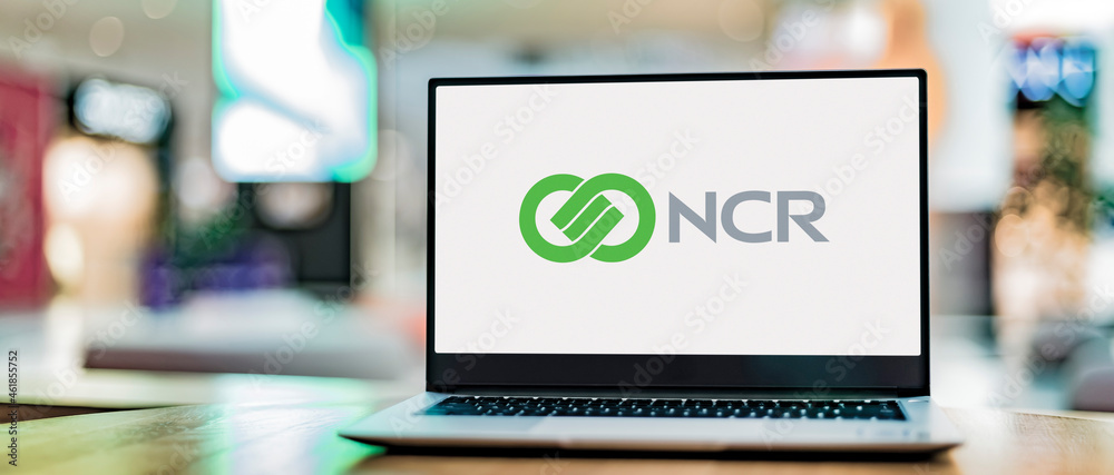 Laptop computer displaying logo of NCR Corporation Stock Photo | Adobe ...