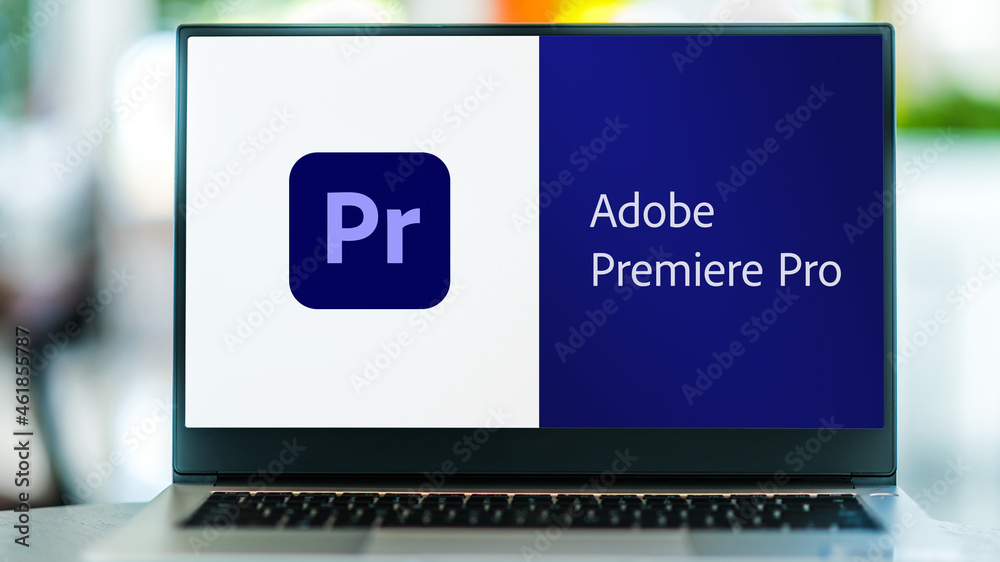 Laptop computer displaying logo of Adobe Premiere Pro Stock Photo ...