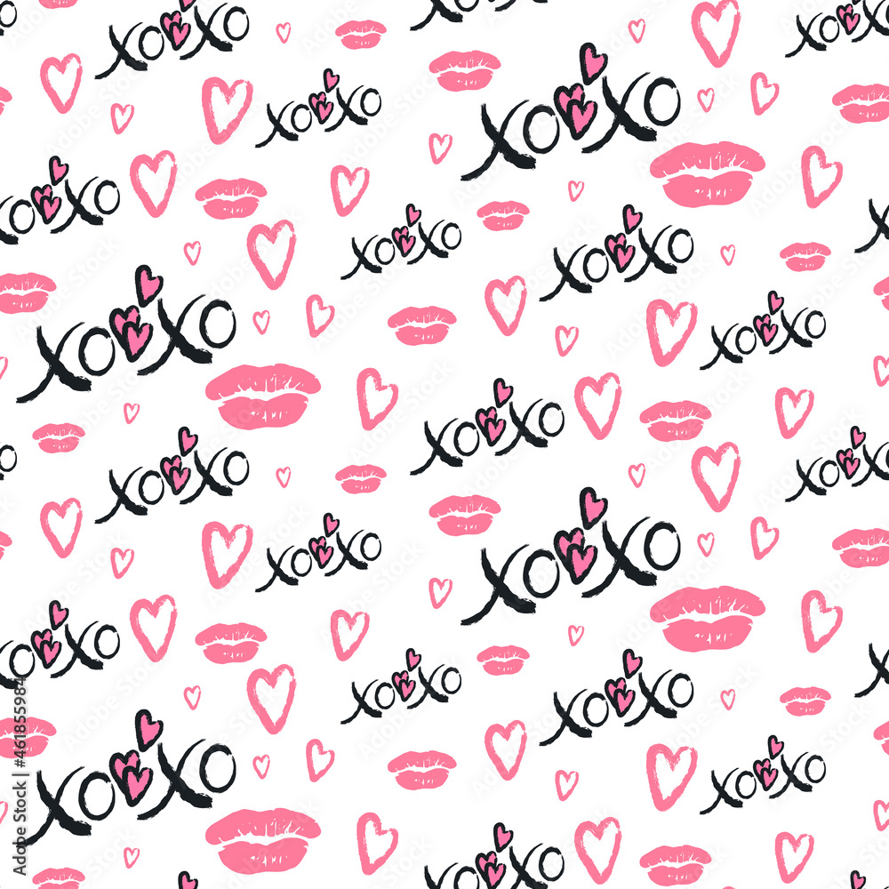 Grunge vector seamless pattern with XOXO hand written phrase, hearts ...