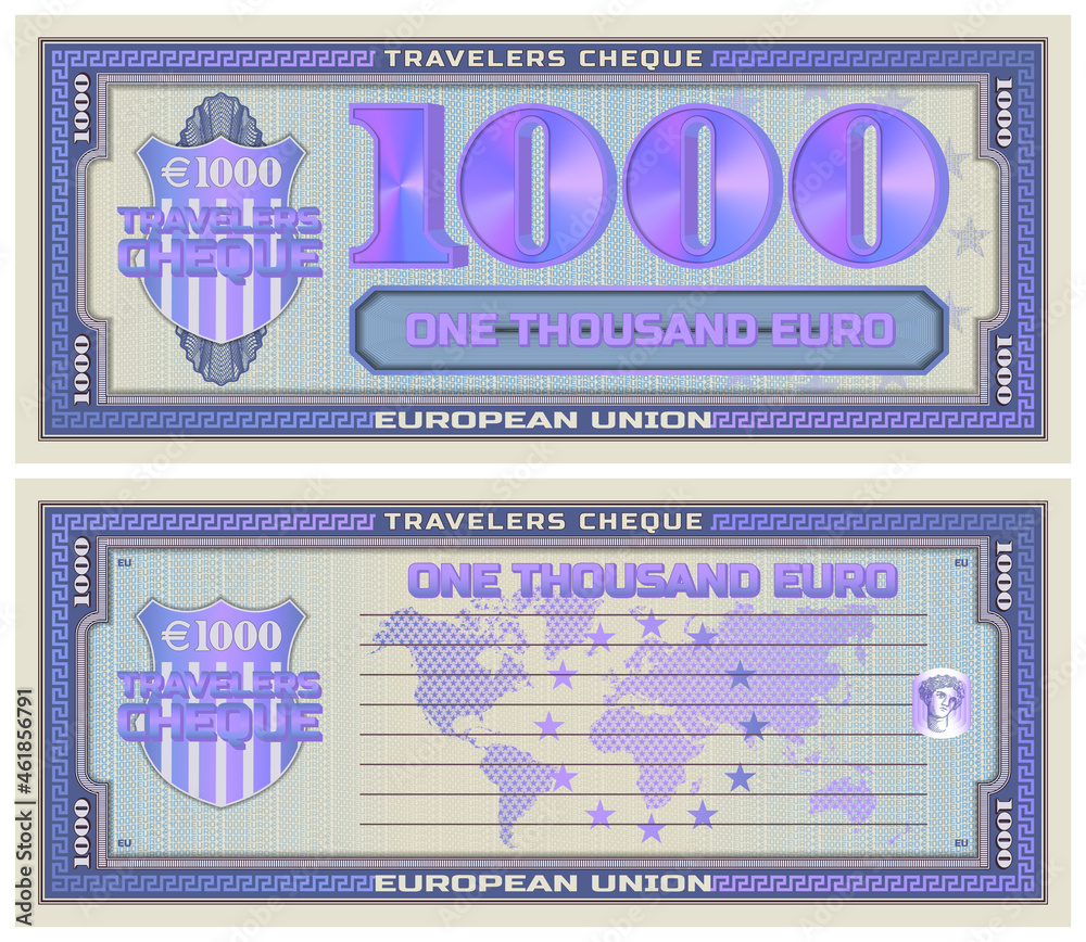 A violet cheque for one thousand euro. Obverse and reverse of a paper ...