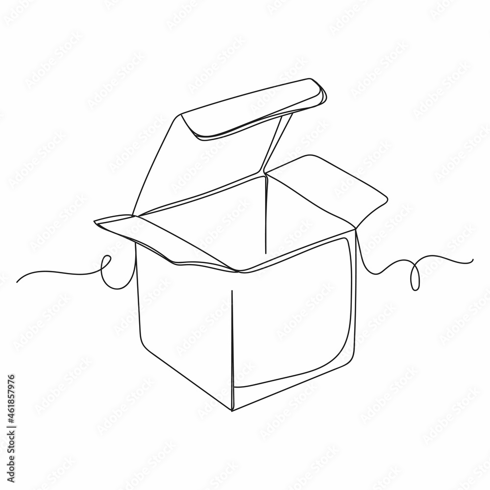 Continuous one line drawing of open carton box in silhouette on a white ...