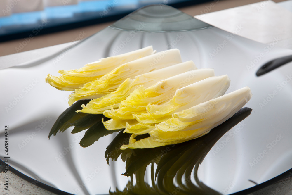 Plato de endivias cortadas, para preparar. Dish of cut endives, to ...