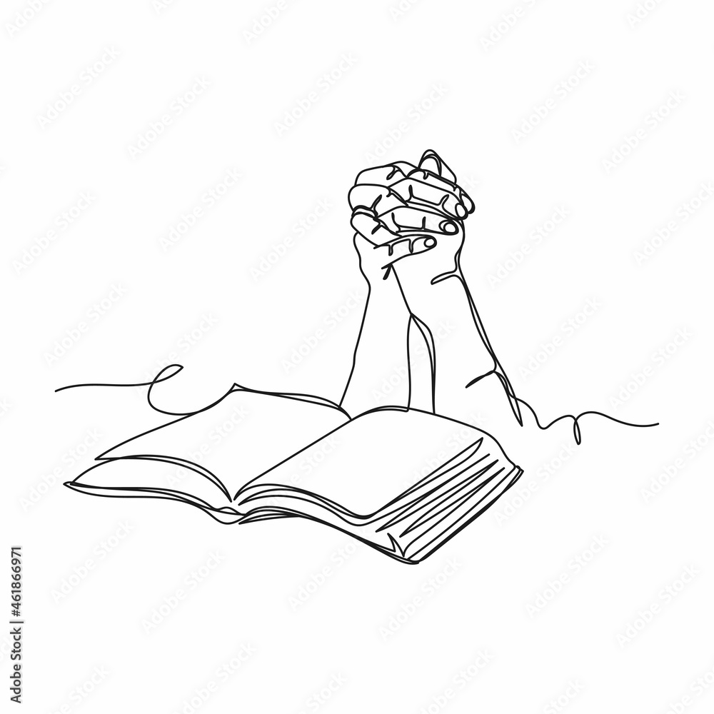 Continuous one line drawing of religious hand praying with bible in ...