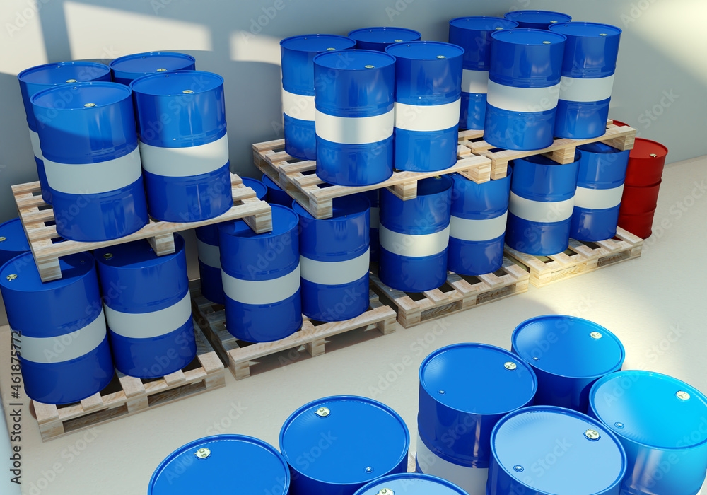 Containers for chemical liquids on pallets. Barrel pallets are stacked ...