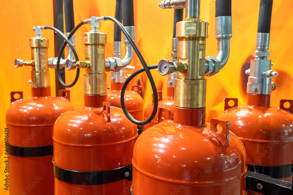 Large Industrial CO2 fire extinguishing system. Red cylinders with gas ...