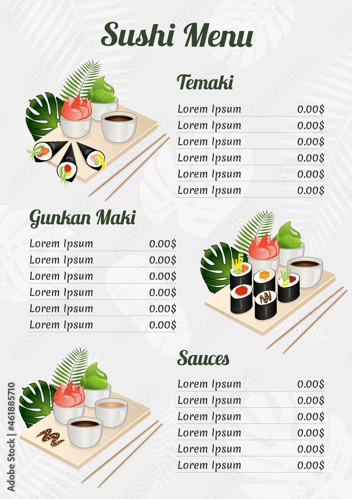 Sushi menu design with temaki, gunkan maki, sauses and tropical plants ...