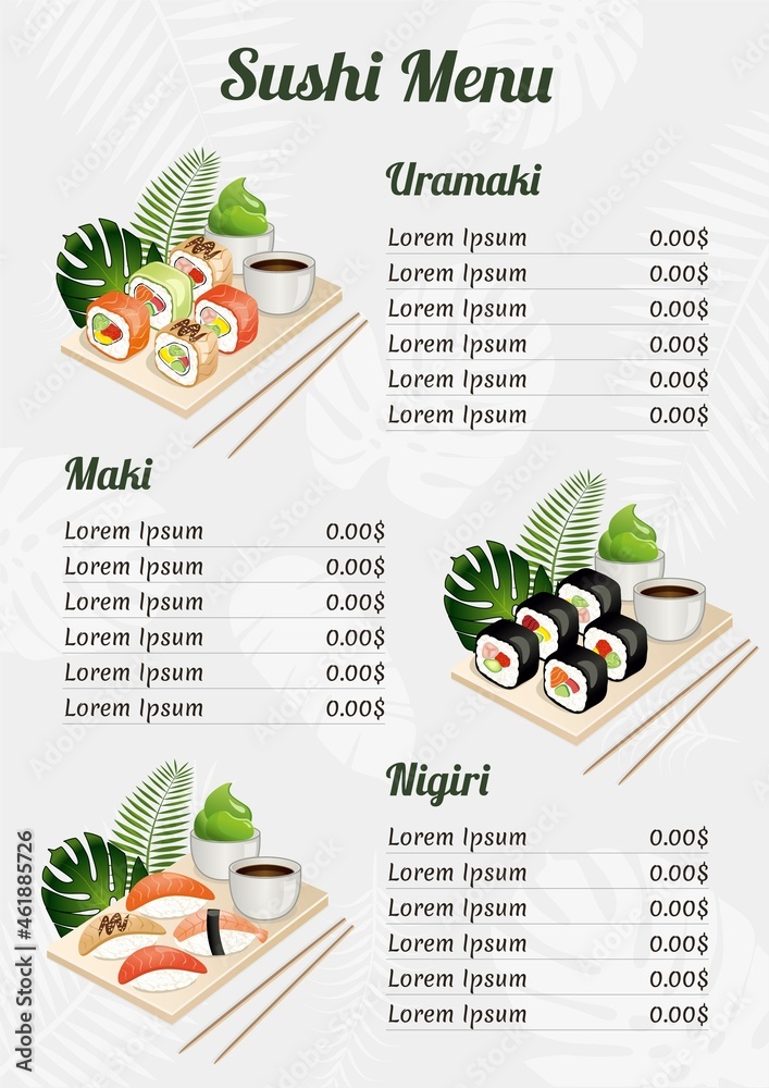 Sushi menu design with uramaki, maki, nigiri and tropical plants ...