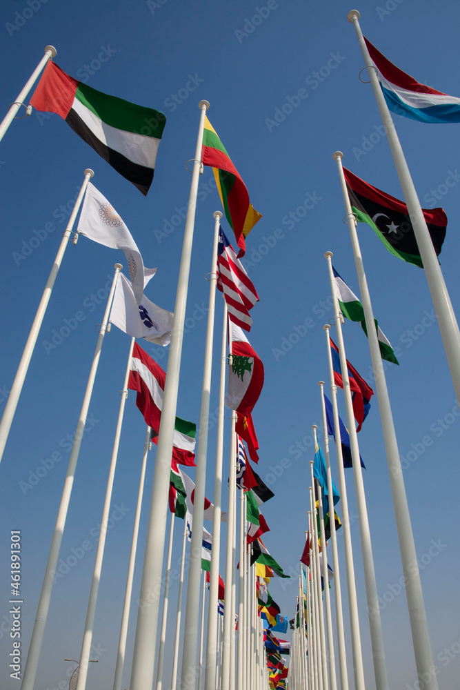 flags of the EXPO2020 participants with the host nation flag up in the ...