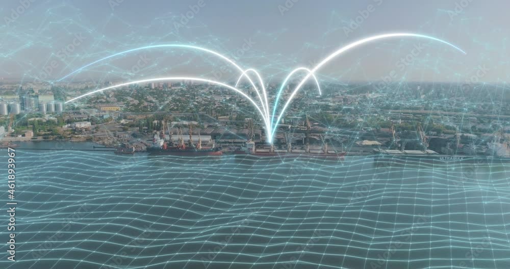 Visualization of Information Global Network. Seaport with cargo ships ...